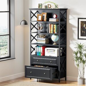 Tribesigns Black Bookshelf with 2 Drawers Tall Narrow Bookshelf Industrial 5 Tier Bookcase Heavy Duty Display Book Shelf Organizer with Open Storage Shelves for Living Room, Bedroom