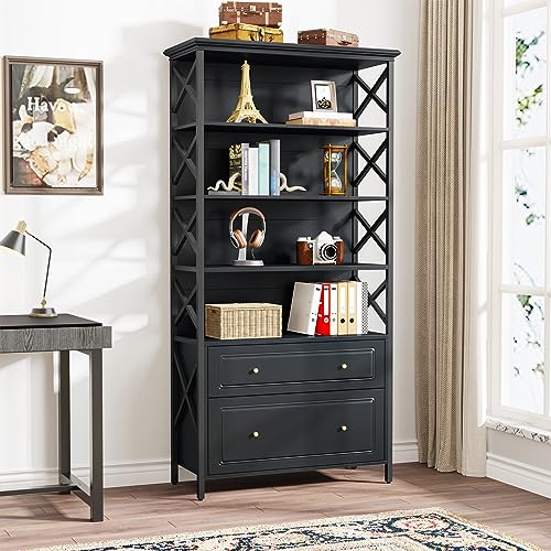 Tribesigns Black Bookshelf with 2 Drawers Tall Narrow Bookshelf Industrial 5 Tier Bookcase Heavy Duty Display Book Shelf Organizer with Open Storage Shelves for Living Room, Bedroom