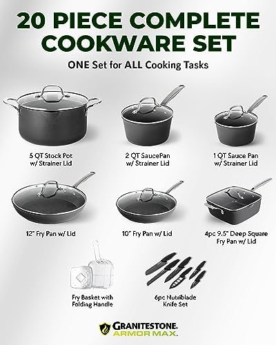 Granitestone Armor Max 20 Pc Pots and Pans Set Nonstick Cookware Set, Complete Kitchen Cookware Set with Non Stick Pots and Pans Set with Lids + Knife Set, Induction/Oven/Dishwasher Safe, Non Toxic