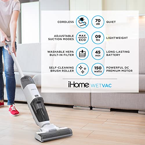 iHome WetVac WV5, Cordless Wet Dry Vacuum Cleaner and Mop, Self Cleaning Brush Roll, Dual Tank System, Multi Surface Hard Floor Cleaner, 45 Minute Runtime (Renewed)