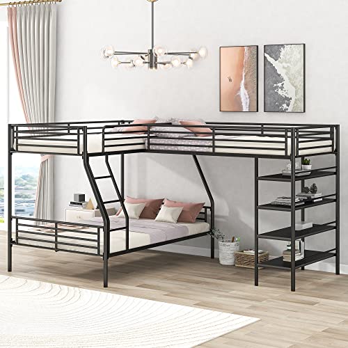 TARTOP L Shaped Bunk Bed for 3, Metal Triple Bunk Bed, Heavy-Duty Steel Frame Twin Over Full Bunk Bed and Twin Size Loft Bed with Four Built-in Shelves for Bedroom, Dorm, Boys, Girls, Adults,Black