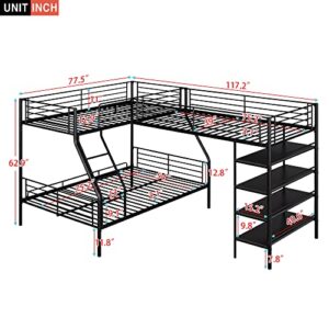 TARTOP L Shaped Bunk Bed for 3, Metal Triple Bunk Bed, Heavy-Duty Steel Frame Twin Over Full Bunk Bed and Twin Size Loft Bed with Four Built-in Shelves for Bedroom, Dorm, Boys, Girls, Adults,Black