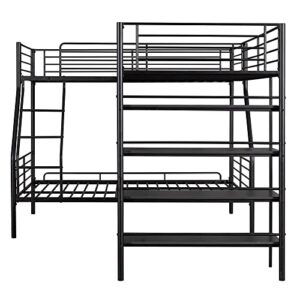 TARTOP L Shaped Bunk Bed for 3, Metal Triple Bunk Bed, Heavy-Duty Steel Frame Twin Over Full Bunk Bed and Twin Size Loft Bed with Four Built-in Shelves for Bedroom, Dorm, Boys, Girls, Adults,Black