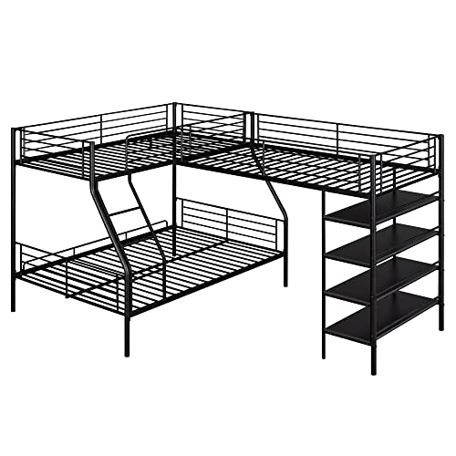 TARTOP L Shaped Bunk Bed for 3, Metal Triple Bunk Bed, Heavy-Duty Steel Frame Twin Over Full Bunk Bed and Twin Size Loft Bed with Four Built-in Shelves for Bedroom, Dorm, Boys, Girls, Adults,Black