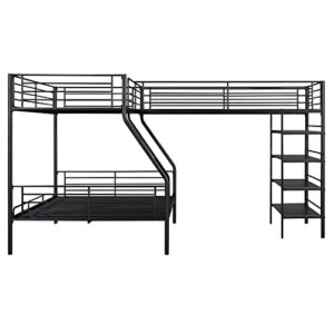 TARTOP L Shaped Bunk Bed for 3, Metal Triple Bunk Bed, Heavy-Duty Steel Frame Twin Over Full Bunk Bed and Twin Size Loft Bed with Four Built-in Shelves for Bedroom, Dorm, Boys, Girls, Adults,Black