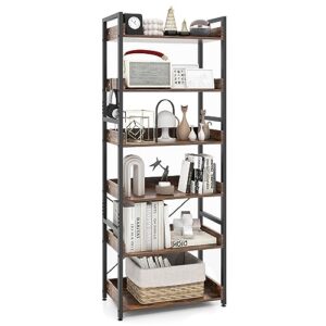 tangkula 6-tier bookshelf, 70” tall industrial bookcase w/open shelves & 4 hooks, storage rack w/metal frame, vintage standing display rack for study living room kitchen (rustic brown, 6-tier)