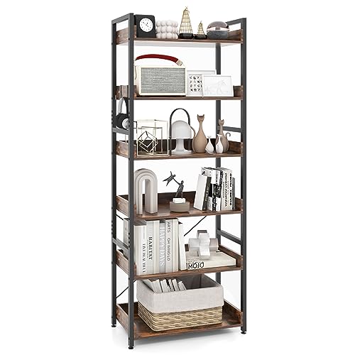 Tangkula 6-Tier Bookshelf, 70” Tall Industrial Bookcase w/Open Shelves & 4 Hooks, Storage Rack w/Metal Frame, Vintage Standing Display Rack for Study Living Room Kitchen (Rustic Brown, 6-Tier)