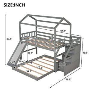 POCIYIHOME Twin Over Full House Bunk Bed with Convertible Slide & Storage Staircase, Wood Bed Frame with Slat Support & Full Length Guardrail for Kids,Teens Bedroom, No Box Spring Needed, Gray