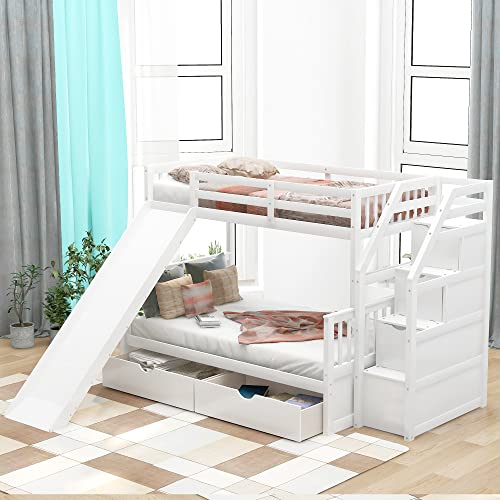 POCIYIHOME Twin Over Full Bunk Bed with Multifunctional Storage Stairway & Slide, Modern Bunk Bed with Build-in Drawers for Kids,Teens Bedroom, Practical & Space-Saving, No Box Spring Needed, White