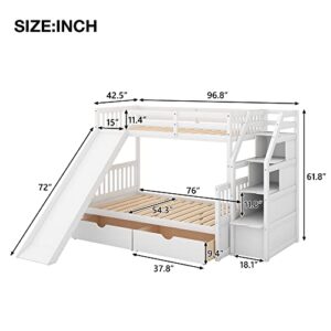 POCIYIHOME Twin Over Full Bunk Bed with Multifunctional Storage Stairway & Slide, Modern Bunk Bed with Build-in Drawers for Kids,Teens Bedroom, Practical & Space-Saving, No Box Spring Needed, White