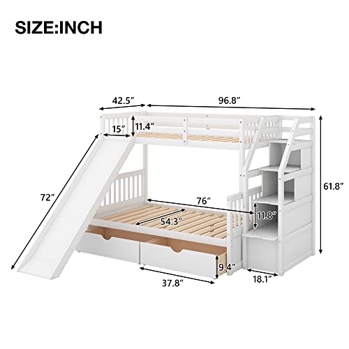 POCIYIHOME Twin Over Full Bunk Bed with Multifunctional Storage Stairway & Slide, Modern Bunk Bed with Build-in Drawers for Kids,Teens Bedroom, Practical & Space-Saving, No Box Spring Needed, White