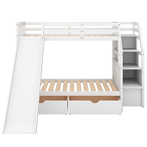 POCIYIHOME Twin Over Full Bunk Bed with Multifunctional Storage Stairway & Slide, Modern Bunk Bed with Build-in Drawers for Kids,Teens Bedroom, Practical & Space-Saving, No Box Spring Needed, White