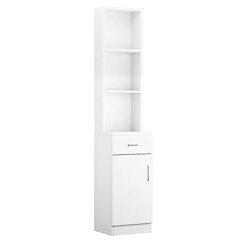 70.08inch Tall 3-Tier Bookcase with Drawers - White Narrow Bookcase with Cabinet , Open Storage Display Cabinet, 3-Cube Bookshelf for Living Room, Bedroom, Office 178 x 34 x 33 cm(L x W x H)