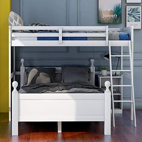 Eafurn Twin Over Full Bunk Bed with Storage Cabinet, Wood L-Shaped Bunk Beds with Guardrails and Ladder,2 in 1 Bunk Bed Convertible Into a Loft Bed and Platform Bed, No Box Spring Need