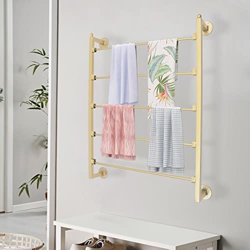 LGXSHOP Towel Rack, 5 Tier Hanging Towel Rack, Industrial Metal Wall Mounted Garment Rack, Space Saving Towel Display Rack for Entrance, Bedroom, Bathroom, Closet, Boutique -Gold