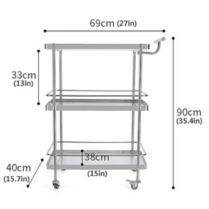 VLOBAOM 3-Tier Bar Cart for Home, Utility Kitchen Storage Island Serving Cart with Wheels, Decorative End Table, Mobile Coffee Table,69x40x90cm,Silver