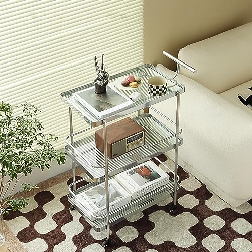 VLOBAOM 3-Tier Bar Cart for Home, Utility Kitchen Storage Island Serving Cart with Wheels, Decorative End Table, Mobile Coffee Table,69x40x90cm,Silver