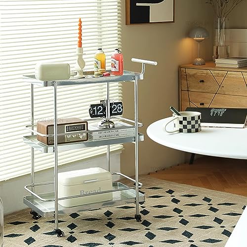 VLOBAOM 3-Tier Bar Cart for Home, Utility Kitchen Storage Island Serving Cart with Wheels, Decorative End Table, Mobile Coffee Table,69x40x90cm,Silver