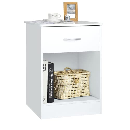 VOWNER White Nightstand with Drawer and Storage Shelf, Bedside Table End Tables, File Cabinet Storage with Sliding Drawers and Shelf for Bedroom