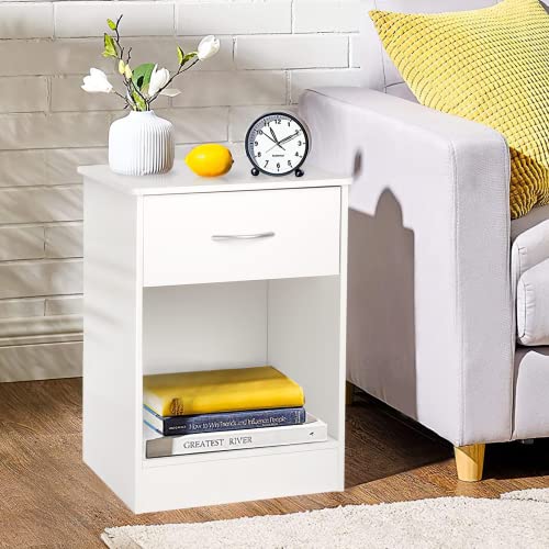 VOWNER White Nightstand with Drawer and Storage Shelf, Bedside Table End Tables, File Cabinet Storage with Sliding Drawers and Shelf for Bedroom