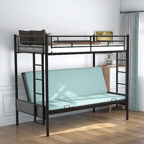 KNAMOTL Twin Over Full Bunk Bed, Heavy Duty Bunk Bed Frame with Integrated Side Ladder & Upper Guard Rails, Space-Saving Design, Metal Bunk Bed for Teens Adults Bedroom, No Box Spring Needed, Black