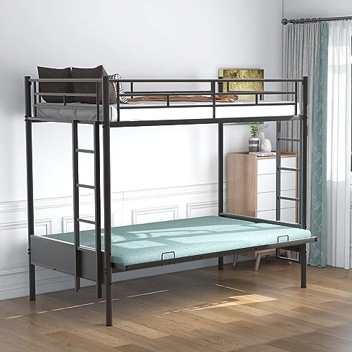 KNAMOTL Twin Over Full Bunk Bed, Heavy Duty Bunk Bed Frame with Integrated Side Ladder & Upper Guard Rails, Space-Saving Design, Metal Bunk Bed for Teens Adults Bedroom, No Box Spring Needed, Black