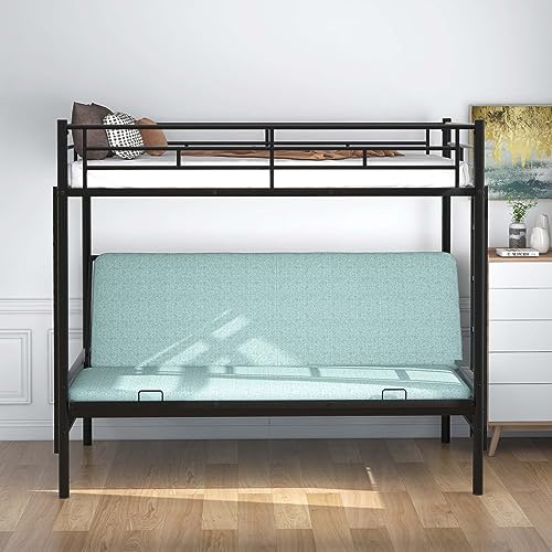 KNAMOTL Twin Over Full Bunk Bed, Heavy Duty Bunk Bed Frame with Integrated Side Ladder & Upper Guard Rails, Space-Saving Design, Metal Bunk Bed for Teens Adults Bedroom, No Box Spring Needed, Black