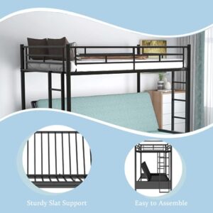 KNAMOTL Twin Over Full Bunk Bed, Heavy Duty Bunk Bed Frame with Integrated Side Ladder & Upper Guard Rails, Space-Saving Design, Metal Bunk Bed for Teens Adults Bedroom, No Box Spring Needed, Black