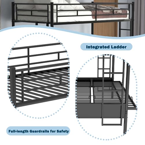 KNAMOTL Twin Over Full Bunk Bed, Heavy Duty Bunk Bed Frame with Integrated Side Ladder & Upper Guard Rails, Space-Saving Design, Metal Bunk Bed for Teens Adults Bedroom, No Box Spring Needed, Black