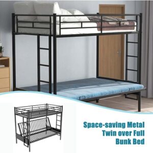 KNAMOTL Twin Over Full Bunk Bed, Heavy Duty Bunk Bed Frame with Integrated Side Ladder & Upper Guard Rails, Space-Saving Design, Metal Bunk Bed for Teens Adults Bedroom, No Box Spring Needed, Black