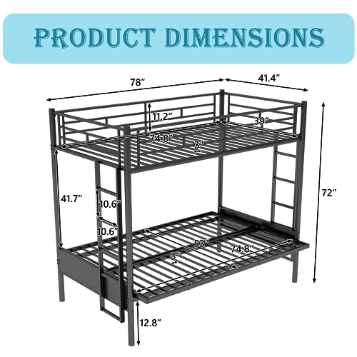 KNAMOTL Twin Over Full Bunk Bed, Heavy Duty Bunk Bed Frame with Integrated Side Ladder & Upper Guard Rails, Space-Saving Design, Metal Bunk Bed for Teens Adults Bedroom, No Box Spring Needed, Black