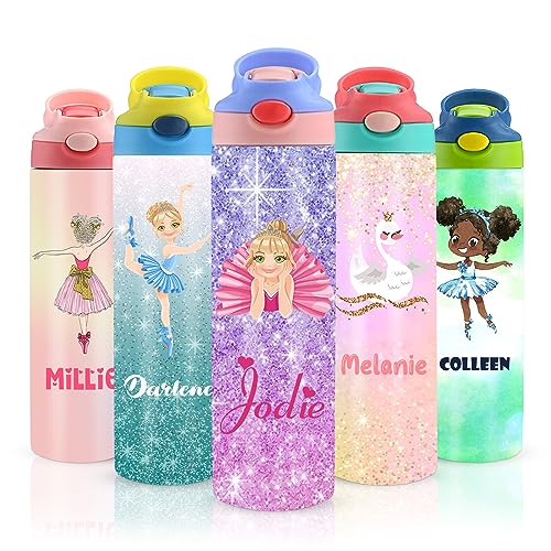 Personalized Ballerina Dance Gift Custom Water Bottle with Name and Straw Lid Customized Dancer Cup Ballet Tumbler Gifts for Ballerina Girls Kids 20oz