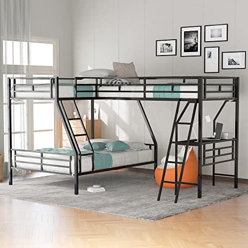 TARTOP Metal L-Shaped Bunk Bed with a Loft Attached, Triple Bedframe with Desk, Guardrails, and Ladders, Twin Over Full, Black