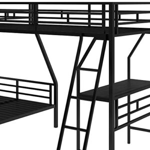 TARTOP Metal L-Shaped Bunk Bed with a Loft Attached, Triple Bedframe with Desk, Guardrails, and Ladders, Twin Over Full, Black