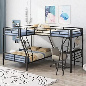 TARTOP Metal L-Shaped Bunk Bed with a Loft Attached, Triple Bedframe with Desk, Guardrails, and Ladders, Twin Over Full, Black