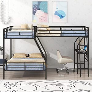 TARTOP Metal L-Shaped Bunk Bed with a Loft Attached, Triple Bedframe with Desk, Guardrails, and Ladders, Twin Over Full, Black