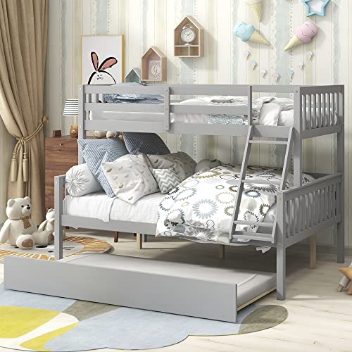 OPTOUGH Twin Over Full Bunk Bed with Trundle,Convertible into 2 Bedframe Wooden Beds with Ladder and Safety Rails for Kids, Teens, Adults, Grey