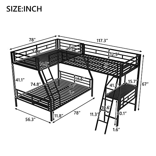 TARTOP Metal L-Shaped Bunk Bed with a Loft Attached, Triple Bedframe with Desk, Guardrails, and Ladders, Twin Over Full, Black