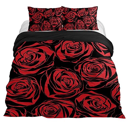 VAPOKF Duvet Covers Set Extra Size Soft and Breathable Microfiber Comforter Bedding Set 1 Duvet Cover 2 Pillowcase with Zipper Closure for Kids Women Men, Seamless Red Roses