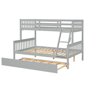 OPTOUGH Twin Over Full Bunk Bed with Trundle,Convertible into 2 Bedframe Wooden Beds with Ladder and Safety Rails for Kids, Teens, Adults, Grey