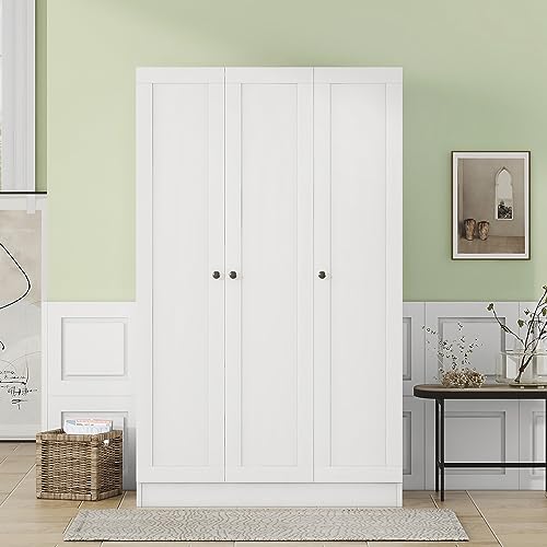 P PURLOVE Wardrobe Armoire Closet with 3 Doors for Bedroom,Bedroom Clothes Cabinet Shutter Wardrobe with Shelves,Freestanding Armoire Cabinet