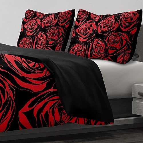 VAPOKF Duvet Covers Set Extra Size Soft and Breathable Microfiber Comforter Bedding Set 1 Duvet Cover 2 Pillowcase with Zipper Closure for Kids Women Men, Seamless Red Roses