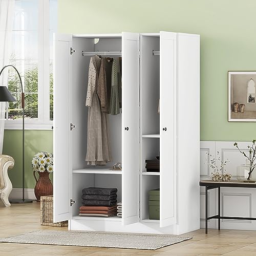 P PURLOVE Wardrobe Armoire Closet with 3 Doors for Bedroom,Bedroom Clothes Cabinet Shutter Wardrobe with Shelves,Freestanding Armoire Cabinet