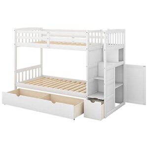 OPTOUGH Twin-Over-Full Bunk Bed with Drawers,Storage and Slide Convertible Bottom BedFrame, White