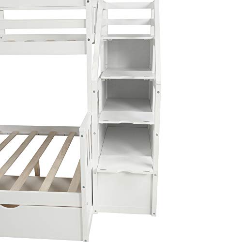 KoiHome Twin Over Full Bunk Bed with Multifunctional Storage Stairway & Slide, Modern Bunk Bed with Build-in Drawers for Kids,Teens Bedroom, Practical & Space-Saving, No Box Spring Needed, White