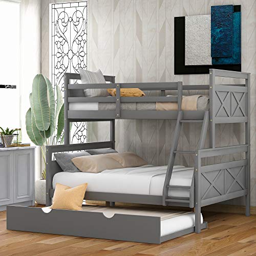 KoiHome Twin Over Full Bunk Bed with Full-Length Guardrail and Trundle, Modern Bunk Bed Frame with Built-in Ladder and Slat Support for Teens Bedroom, Space-Saving Design, No Box Spring Need, Gray