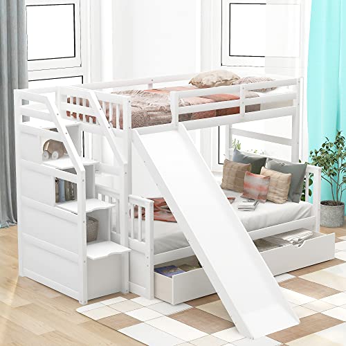 KoiHome Twin Over Full Bunk Bed with Multifunctional Storage Stairway & Slide, Modern Bunk Bed with Build-in Drawers for Kids,Teens Bedroom, Practical & Space-Saving, No Box Spring Needed, White