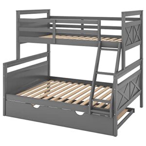 KoiHome Twin Over Full Bunk Bed with Full-Length Guardrail and Trundle, Modern Bunk Bed Frame with Built-in Ladder and Slat Support for Teens Bedroom, Space-Saving Design, No Box Spring Need, Gray