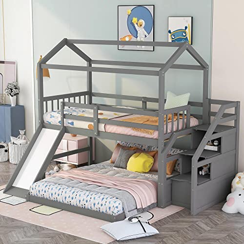 KoiHome Twin Over Full House Bunk Bed with Convertible Slide & Storage Staircase, Wood Bed Frame with Slat Support & Full Length Guardrail for Kids,Teens Bedroom, No Box Spring Needed, Gray