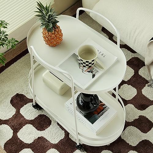 VLOBAOM Rolling Serving Bar Cart, Metal Oval Coffee Table Sofa Small Side Table, Utility Trolley for Home Decoration,27''Dx18''Wx29''H,White